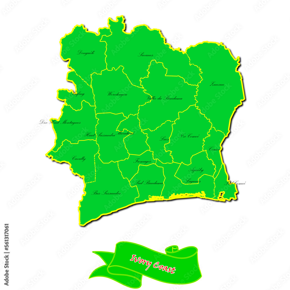 Vector map of Ivory Coast with subregions in green country name in red ...