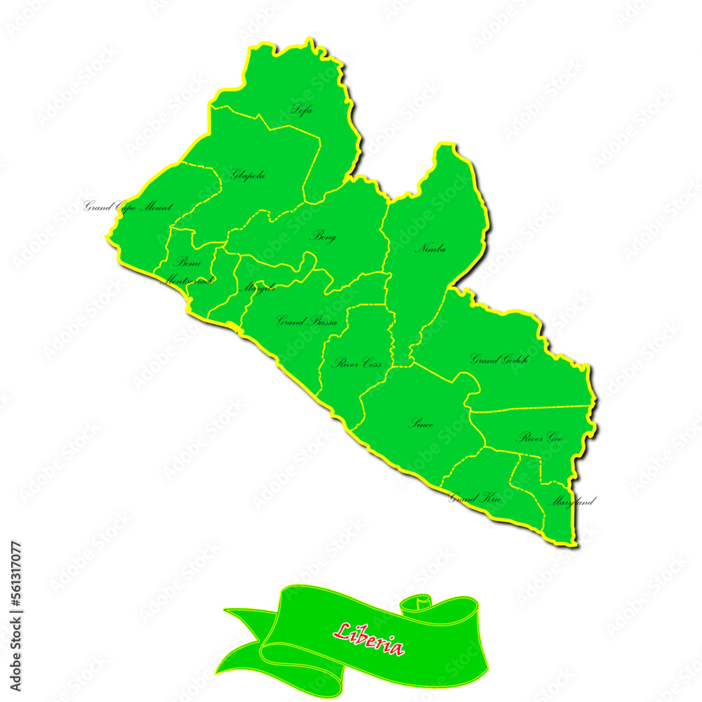 Vector map of Liberia with subregions in green country name in red ...