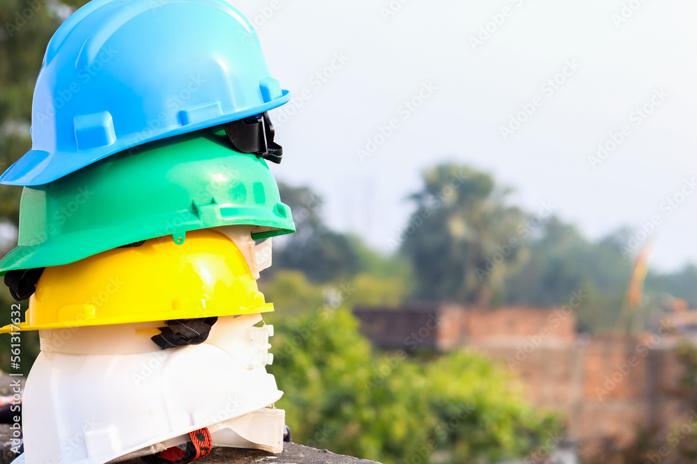 Multicolored Safety Construction Worker Hats. Teamwork of the ...
