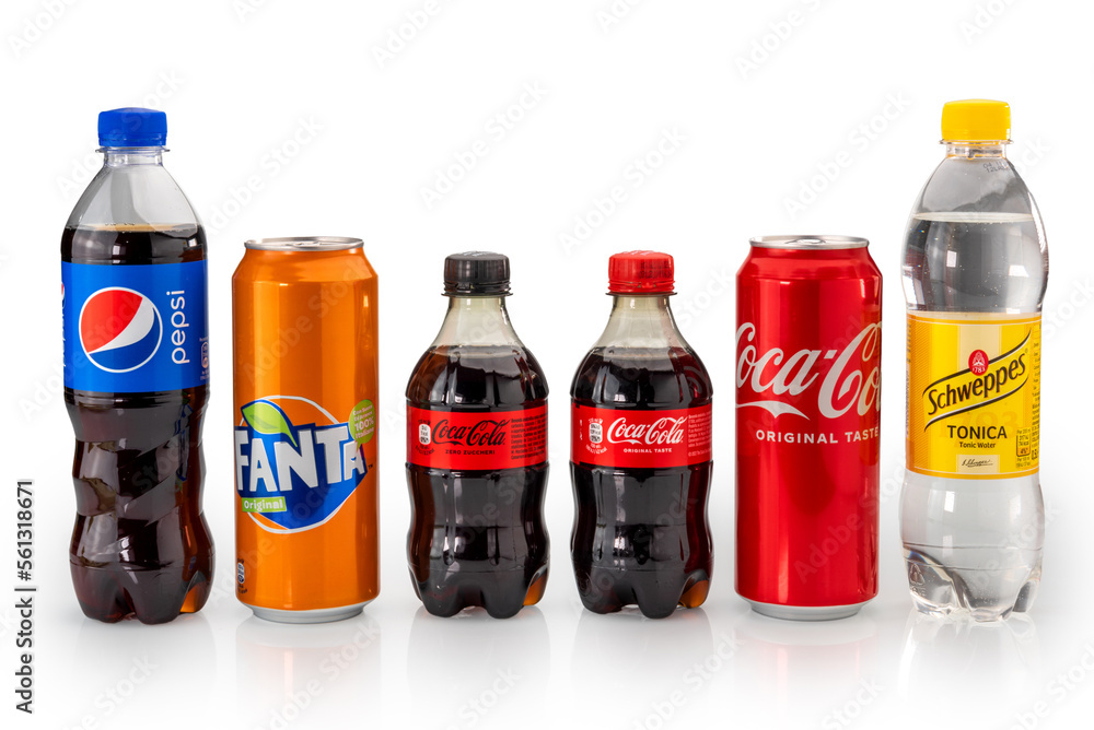 Italy - January 14, 2023: Coca cola and fanta cans with plastic bottles ...