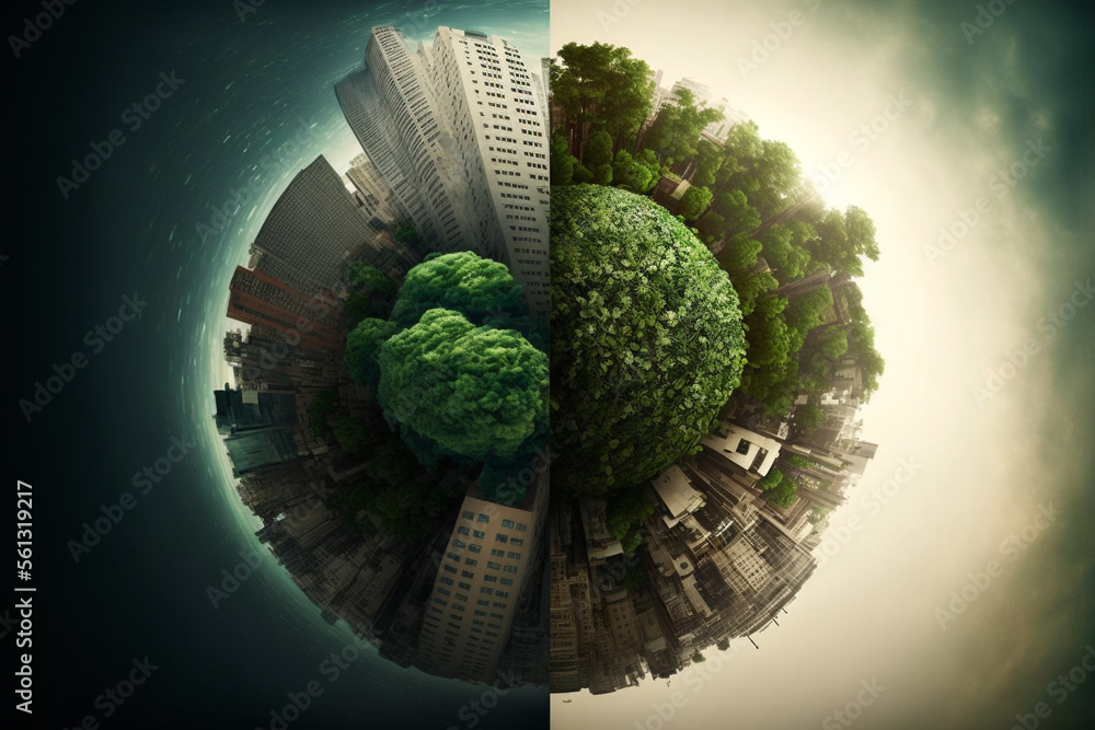 Generative Ai of planet earth with tall building and greenery. Tiny ...
