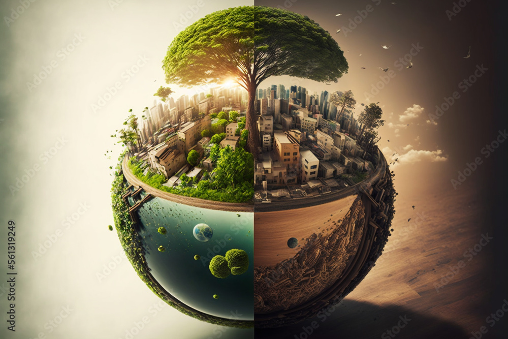 Generative Ai of planet earth with tall building and greenery. Tiny ...