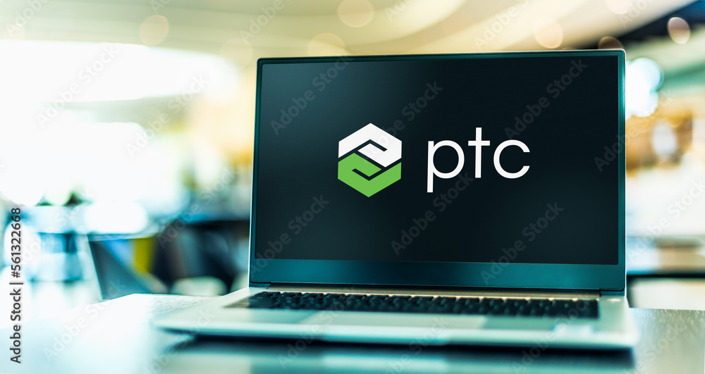 Laptop computer displaying logo of PTC Stock Photo | Adobe Stock