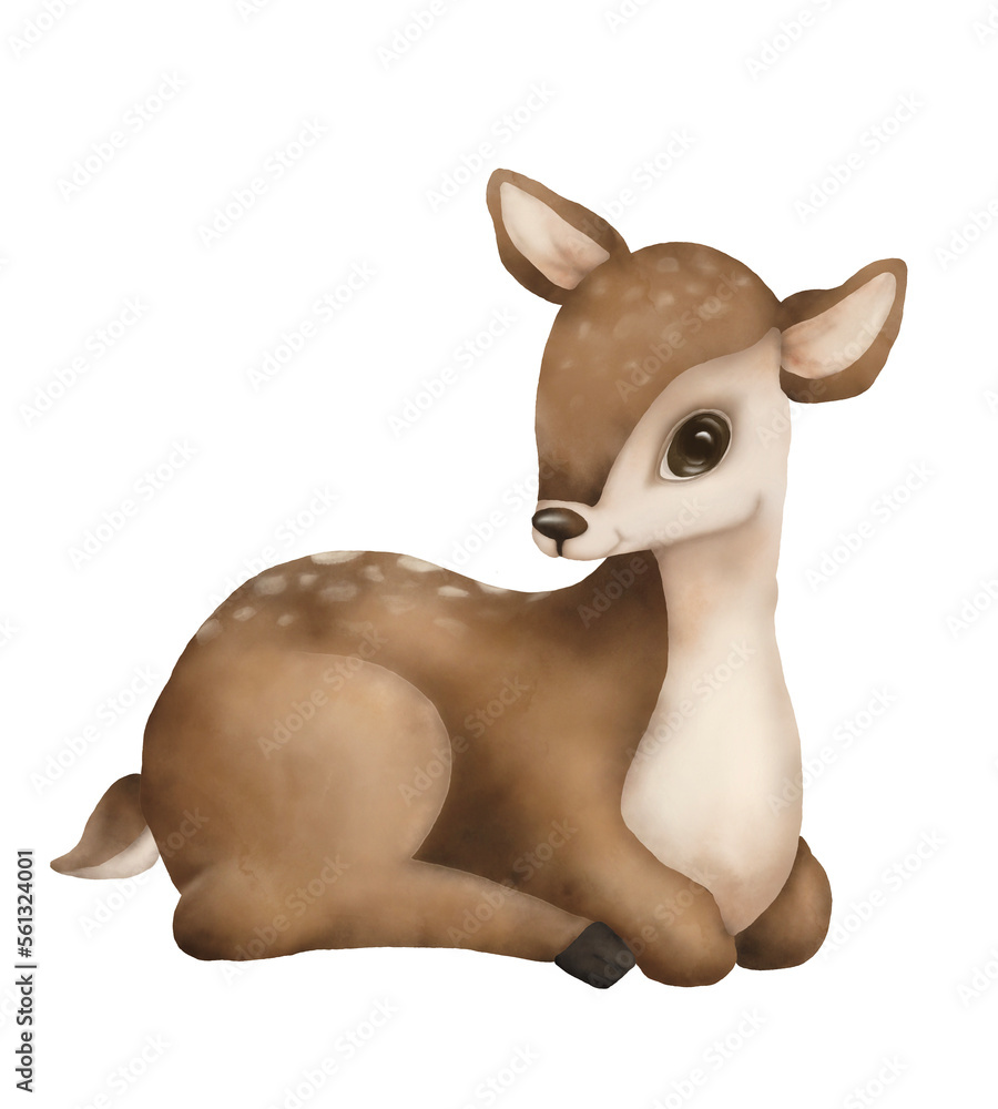 Watercolor illustration of little cute Bambi with beautiful eyes on ...