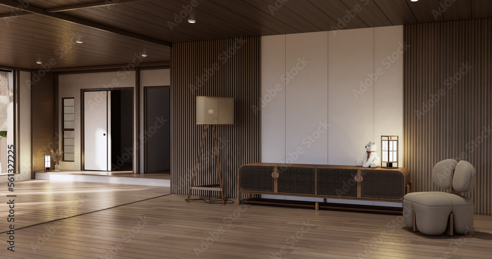 Cabinet wooden japandi design on living room muji style empty wall ...