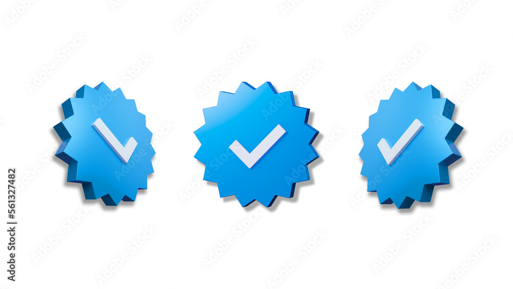 Verification badge on empty background. Blue check mark. 3d ...