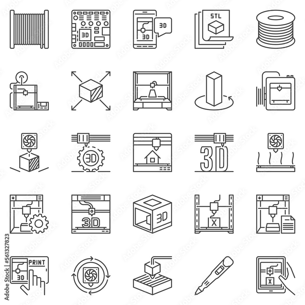 3D Printer outline icons set - additive manufacturing and printing ...