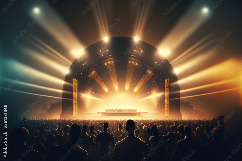 a concert scene with a stage and a crowd of people in the foreground ...