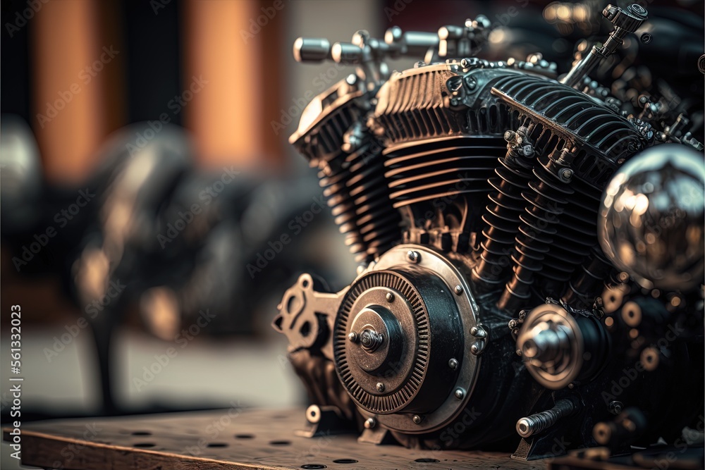 a close up of a motorcycle engine on a table with other motorcycles in ...