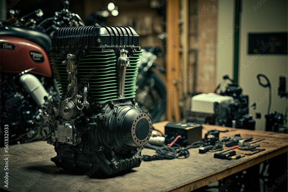 a motorcycle engine sitting on top of a wooden table next to a ...