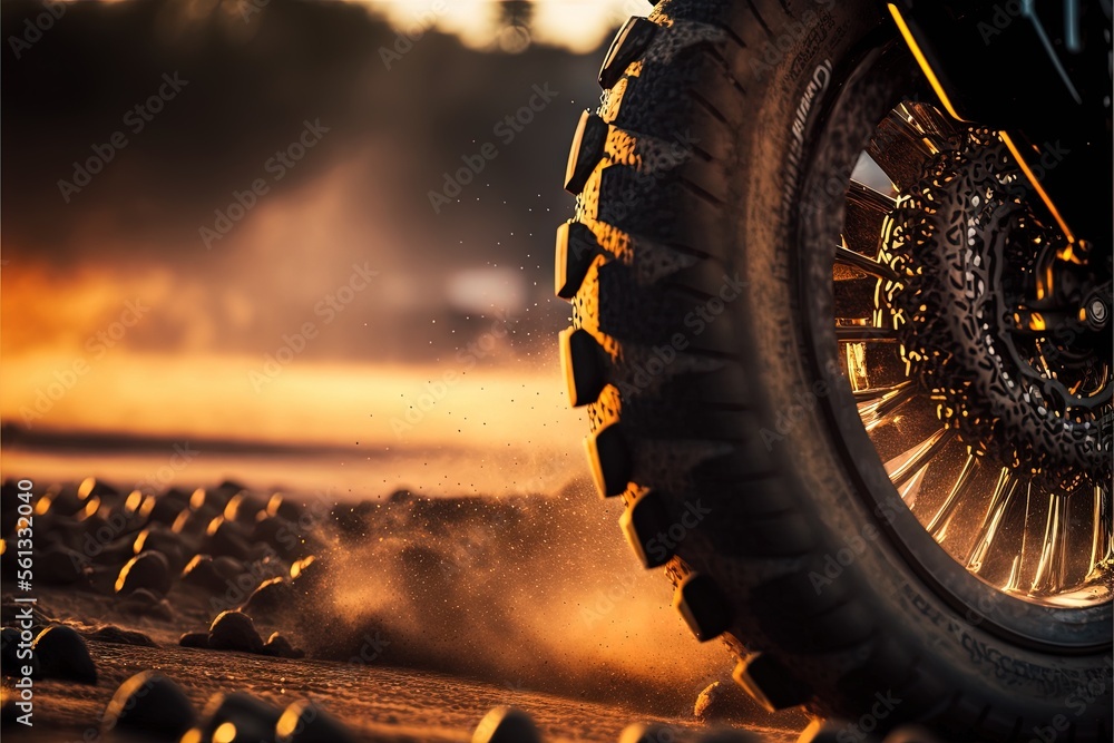 a motorcycle tire is blowing up dust on the ground as it drives down ...