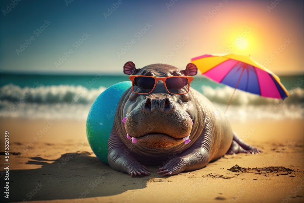 a hippo laying on the beach with a ball and umbrella in the background ...