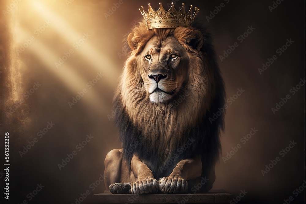 a lion with a crown on its head sitting on a table in a dark room with ...