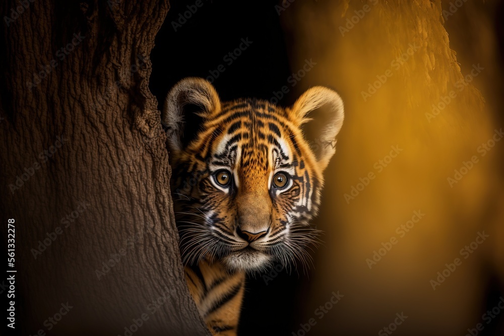 a tiger cub peeking out from behind a tree trunk in a dark forest area ...