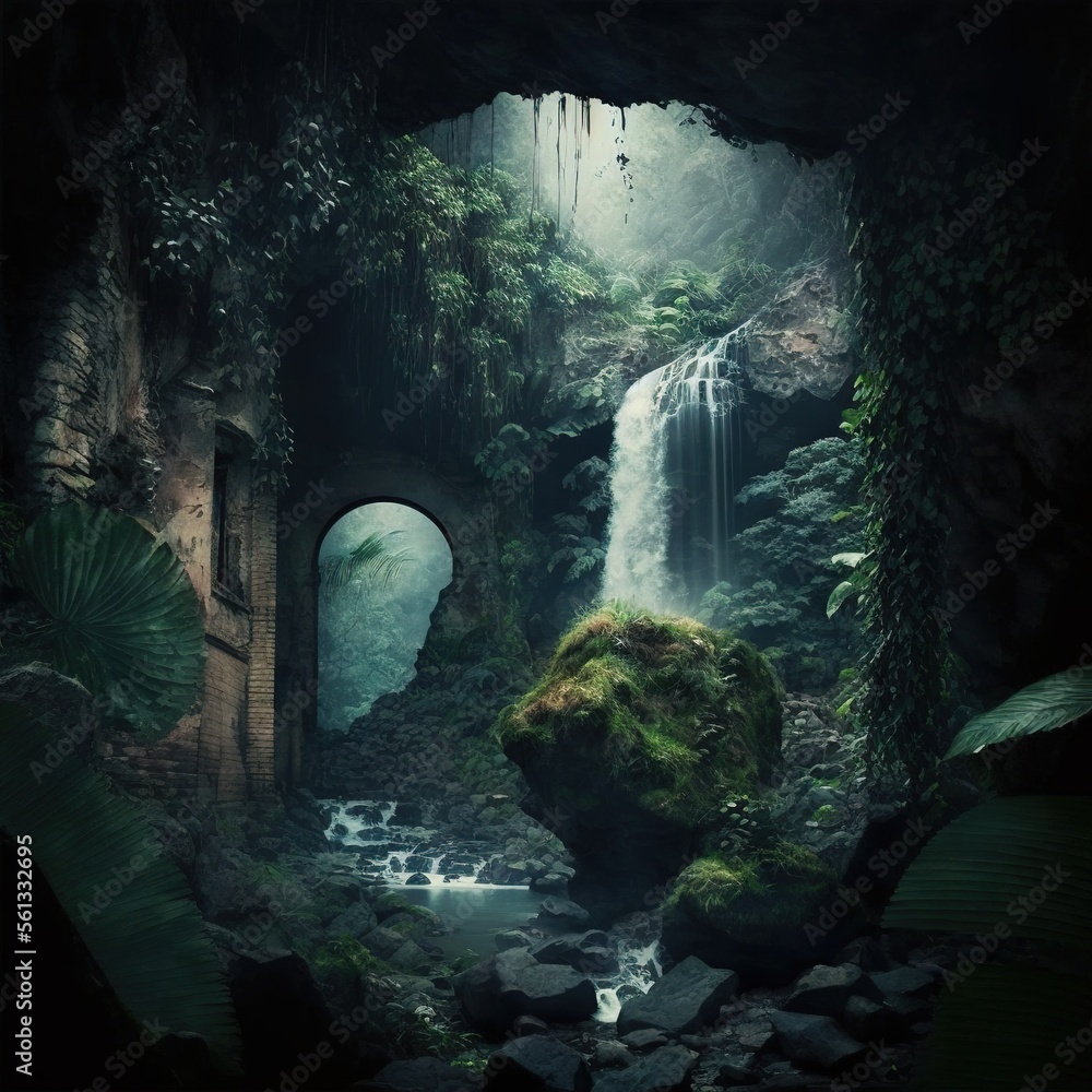 a cave with a waterfall and a cave entrance with a waterfall in the ...