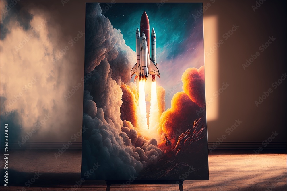 a painting of a space shuttle taking off into the sky with clouds and ...