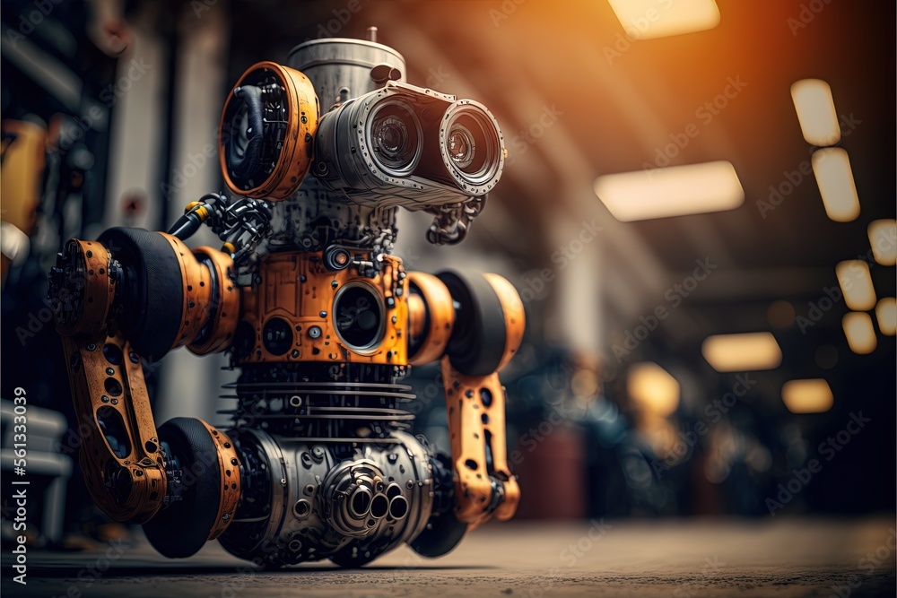 a robot made of metal and wood in a warehouse with a bright light ...