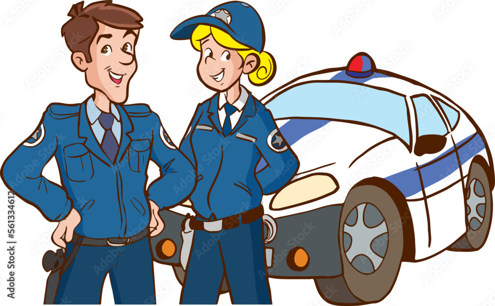 female and male police officer and police car cartoon vector ...