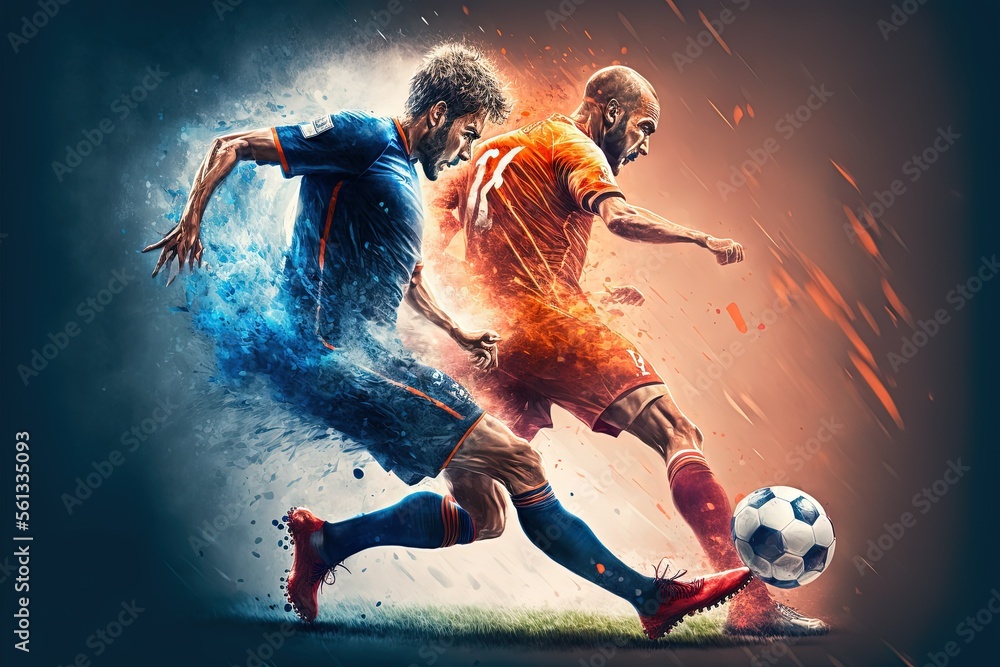 Soccer players in action, dynamic image with grunge, splash look ...