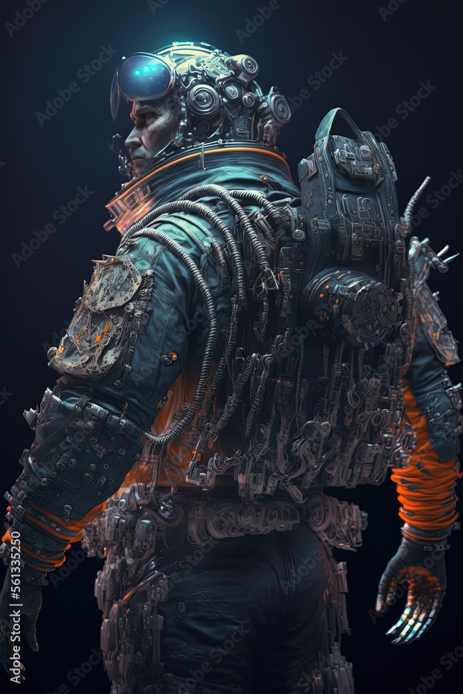 Cyberpunk space pirate soldier in space protective armour suit ...