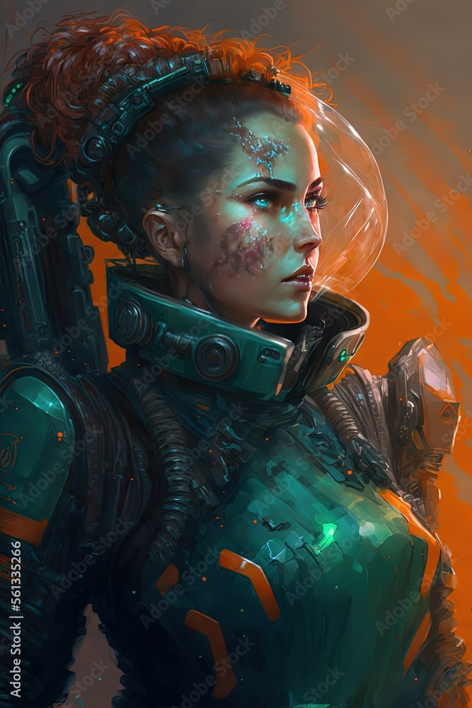 Cyberpunk space pirate soldier in space protective armour suit ...