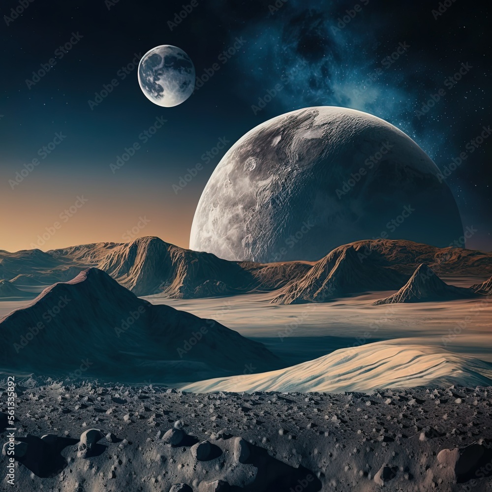 Space planets, image taken from the surface of a moon with big planets ...