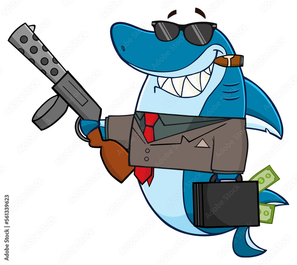 Smiling Shark Gangster Cartoon Mascot Character Carrying A Briefcase ...