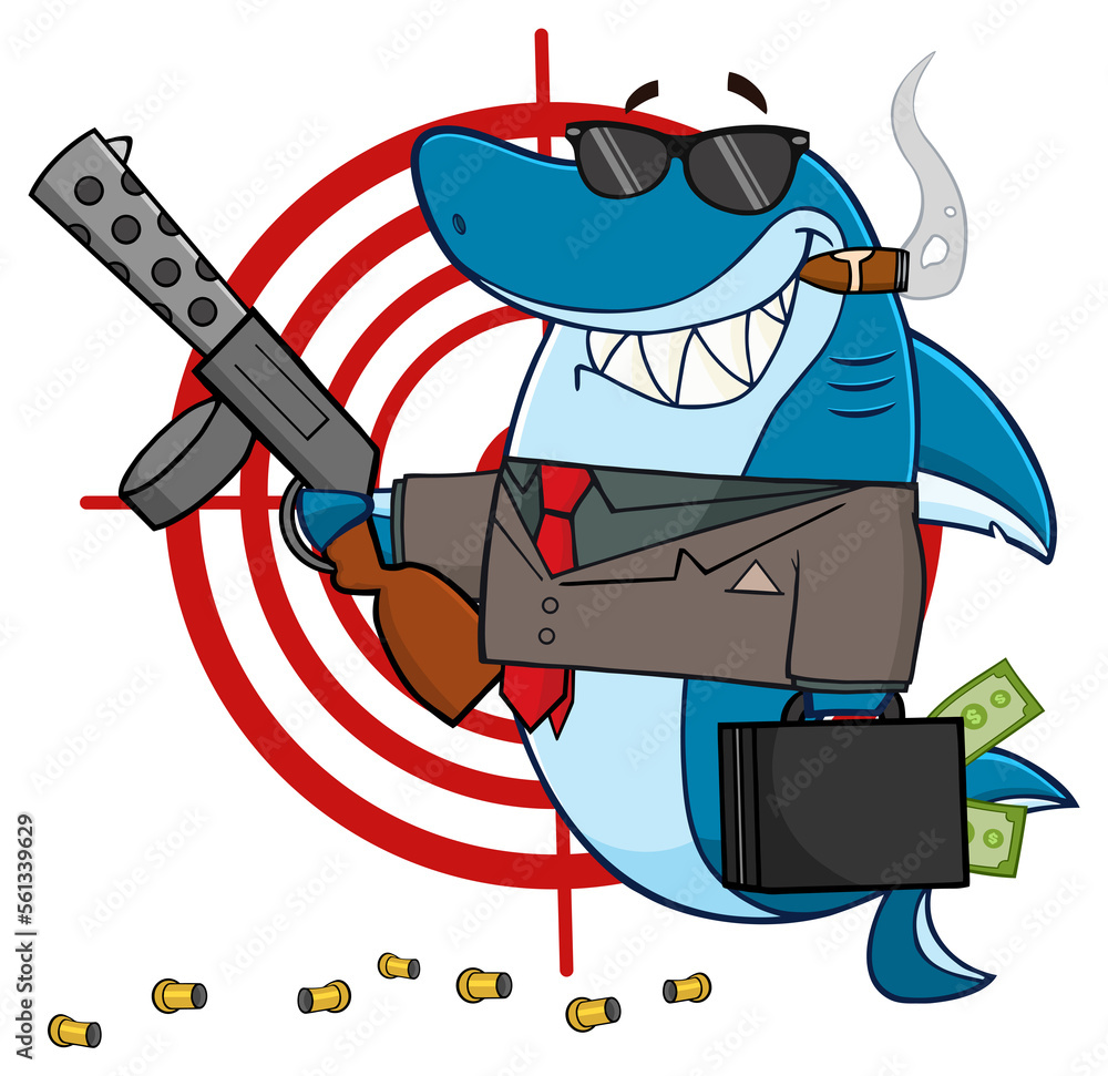 Smiling Shark Mobster Cartoon Mascot Character Carrying A Briefcase ...