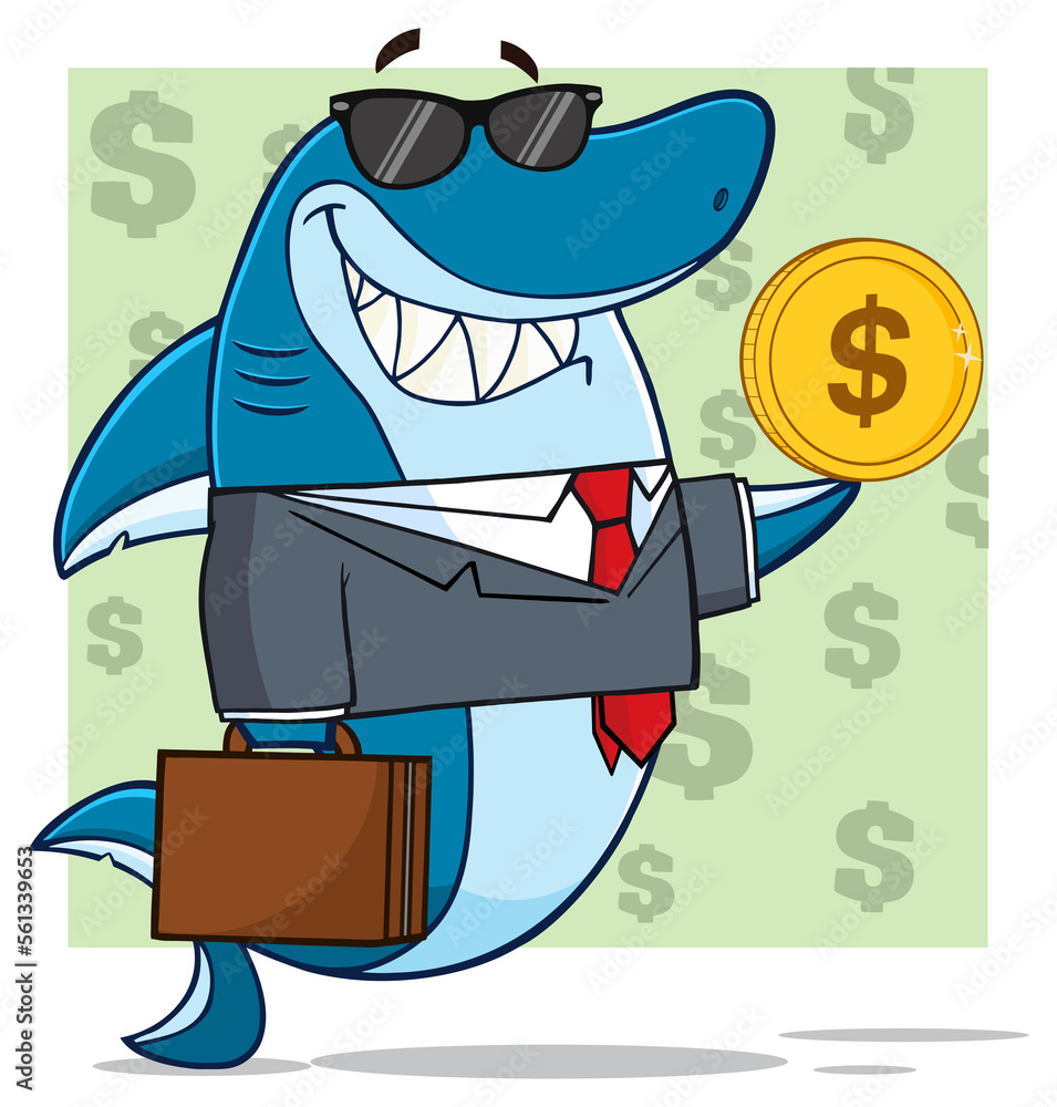 Smiling Business Shark Cartoon Mascot Character In Suit, Carrying A ...