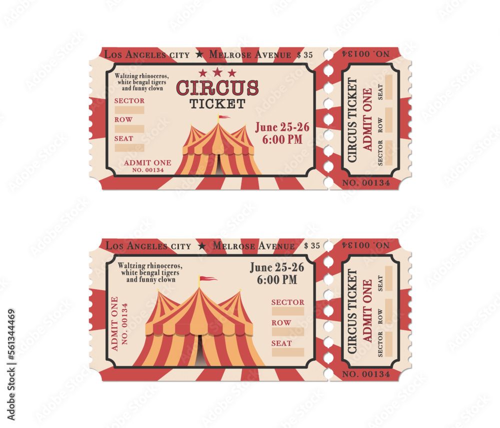 Circus tickets. Vintage carnival event banner, retro coupon with ...
