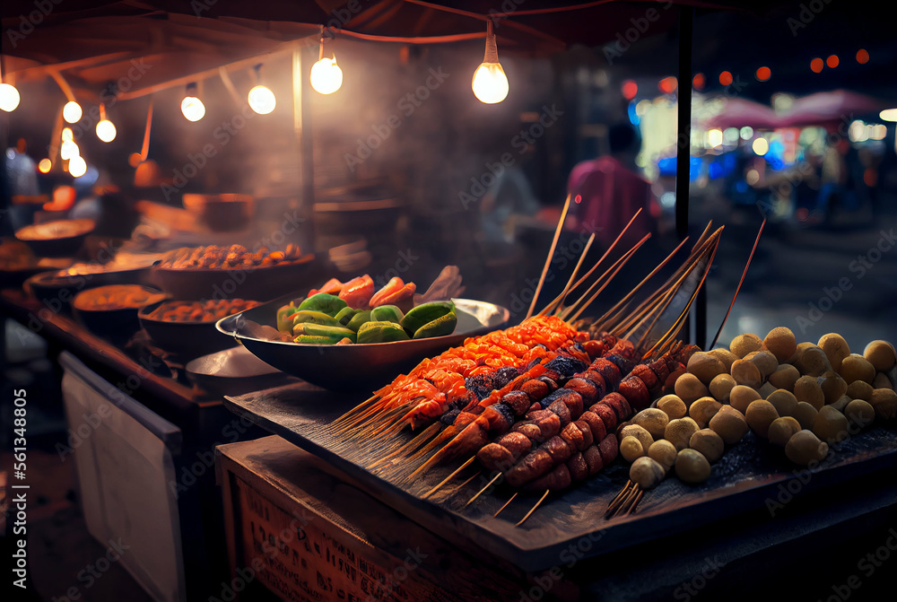 Photo & Art Print Generative AI Illustration of Asian street food night ...
