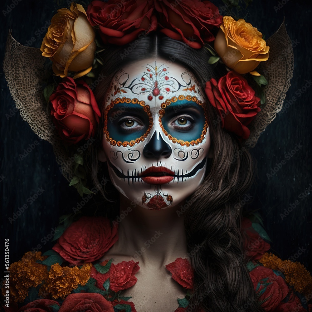 Dia de los muertos, Mexican holiday of the dead and halloween. Woman with sugar skull make up ...