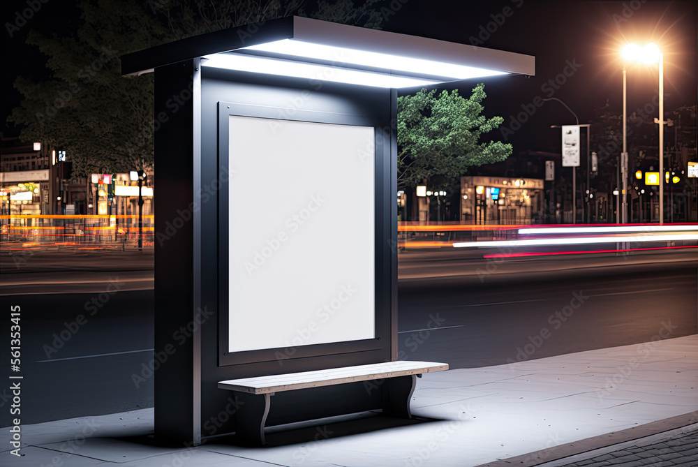 Mockup blank white sign at bus stop, night. Generative AI Stock ...