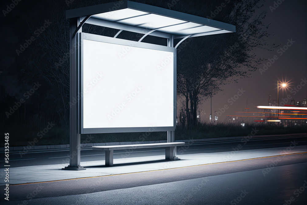 Mockup blank white sign at bus stop, night. Generative AI Stock ...