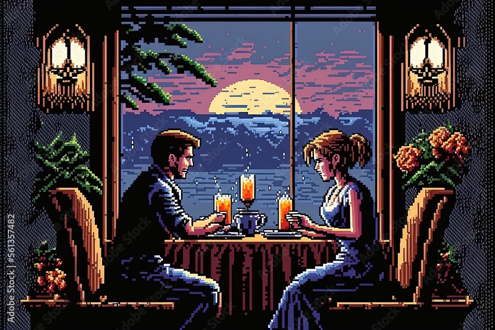Pixel art of loving couple having romantic dinner in front of the sea ...