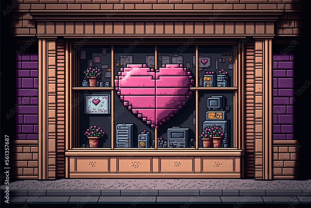 Pixel art store front facade with valentine's decor, background in ...