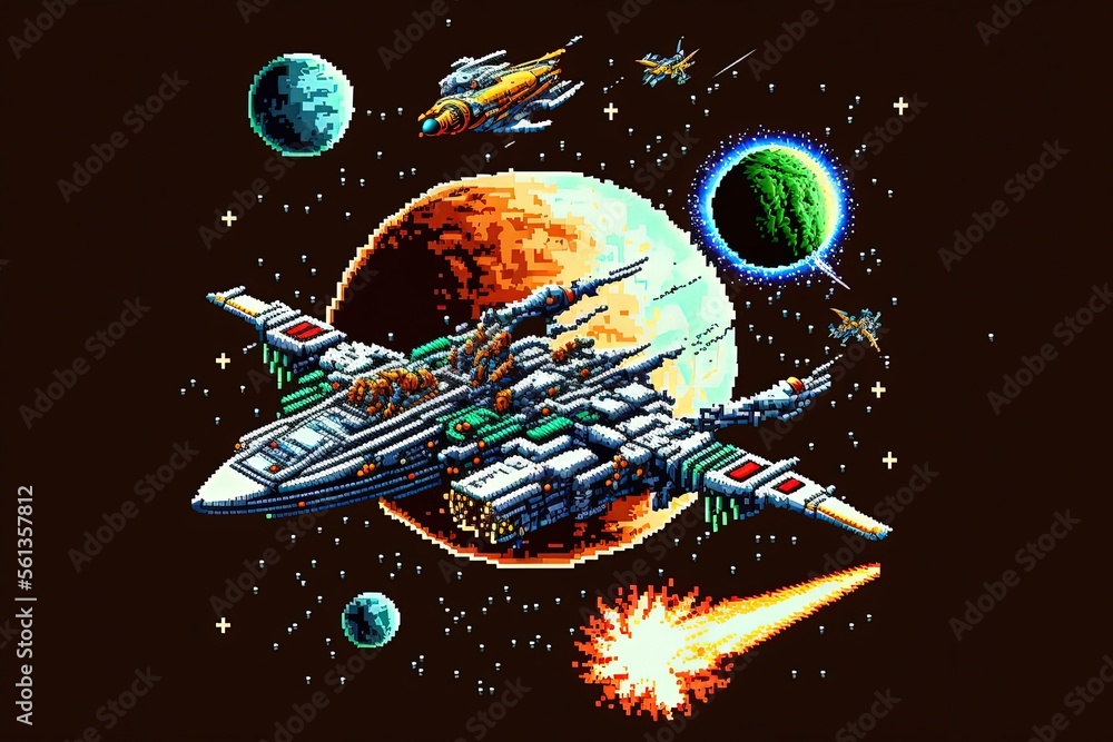 Pixel art of spaceship flying over planets, background in retro style ...