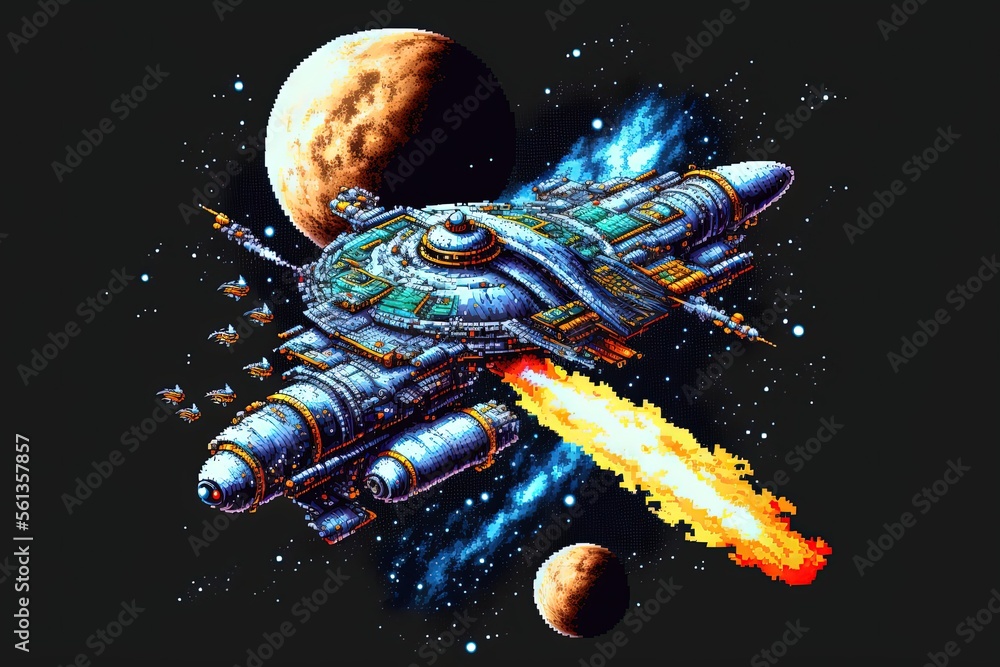 Pixel art of spaceship flying over planets, background in retro style ...