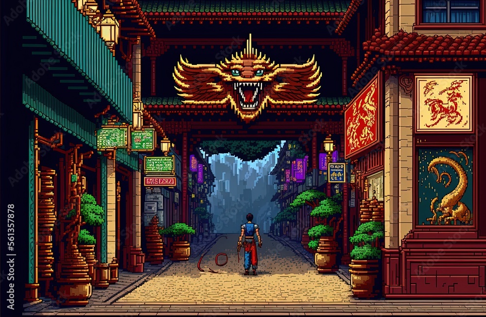 Pixel art chinese street with temples, lamps and trees, chinese new ...