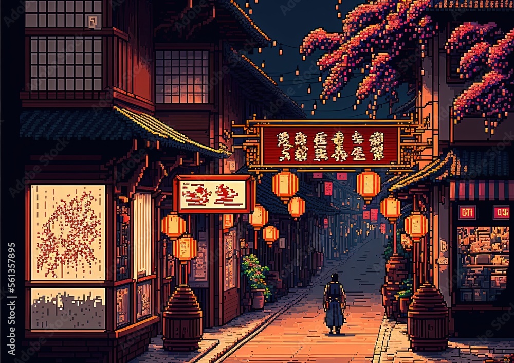 Pixel art chinese street with temples, lamps and trees, chinese new ...