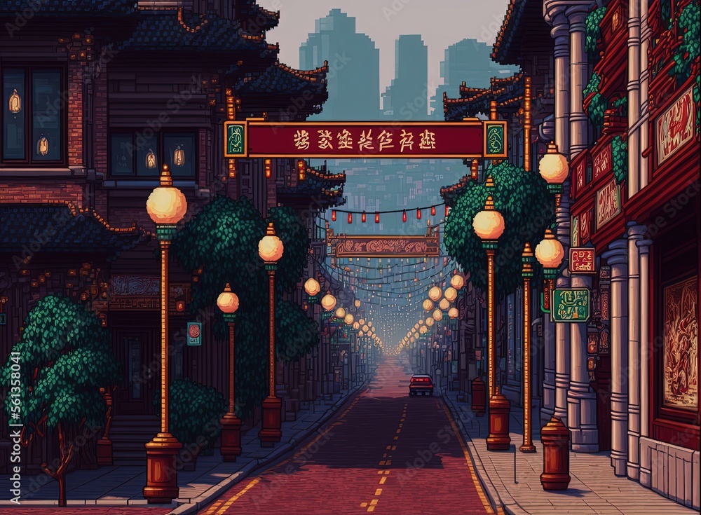 Pixel art chinese street with temples, lamps and trees, chinese new year decoration, background ...