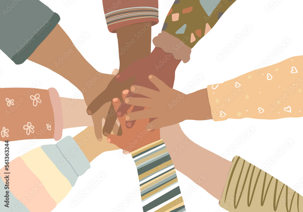 Respect and tolerance poster. Children's hands one on top of the others ...