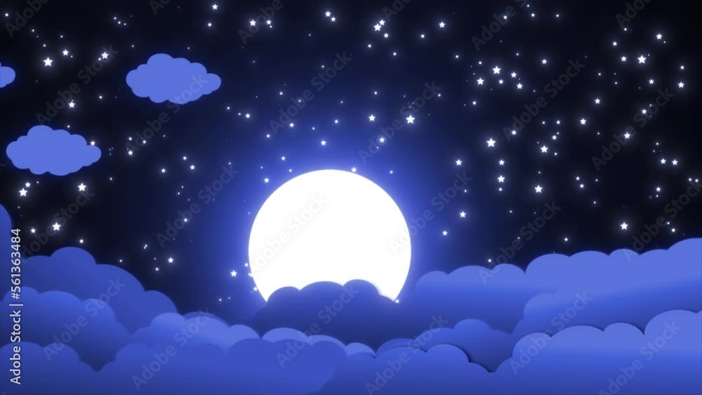 Glowing White moon rising from the cloud. animated cartoon cloud flying in the sky and cartoon ...