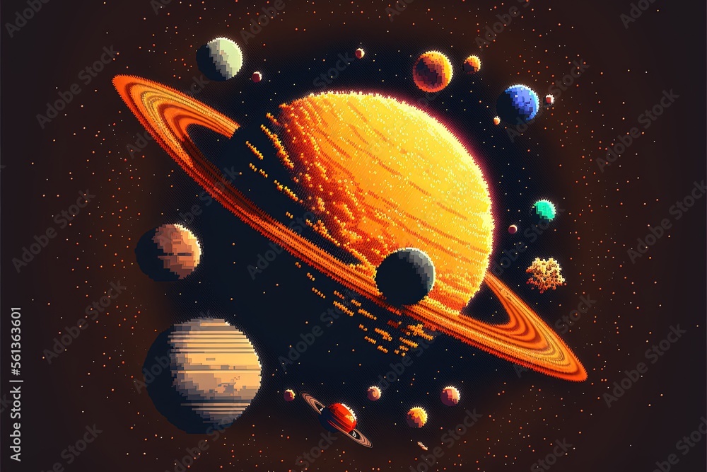 Pixel art planetary system, background in retro style for 8 bit game ...