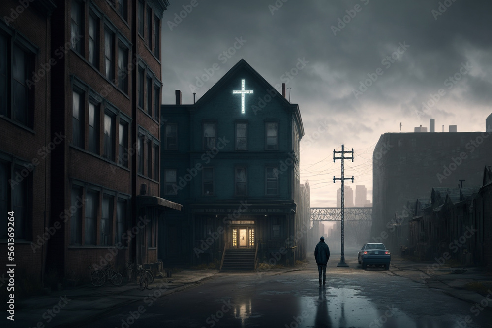 a mysterious figure in a gloomy city goes to the crucifixion, the ...