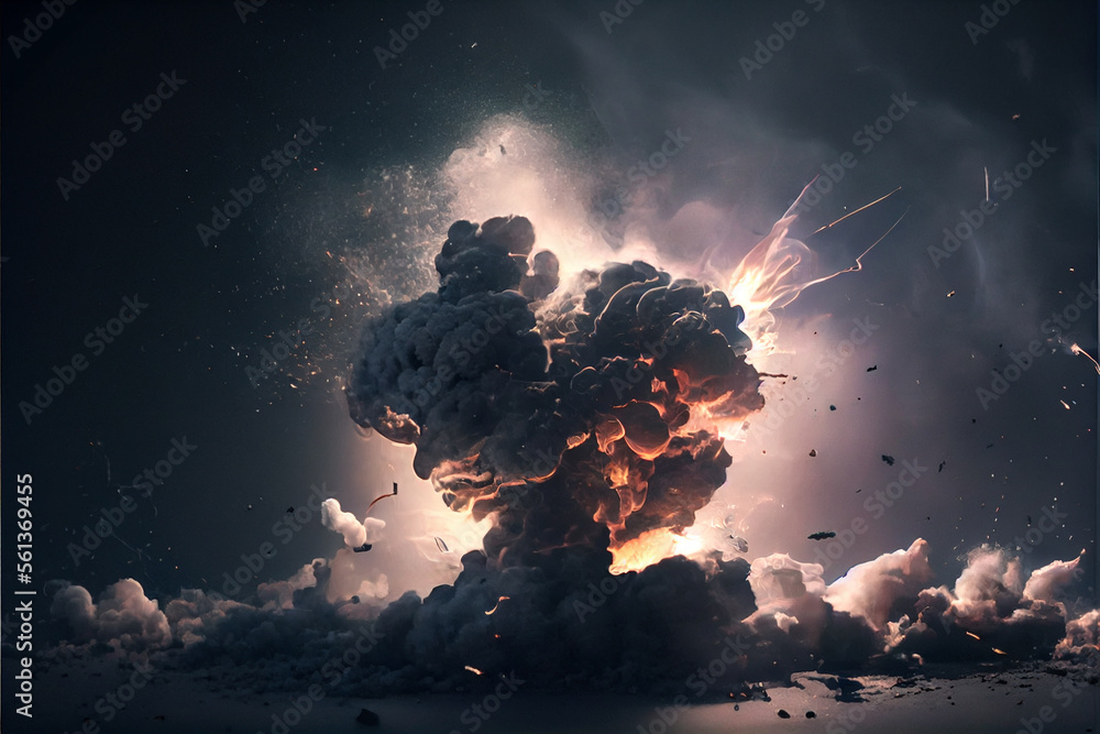 Fiery bomb explosion with sparks and smoke. Huge, extremely hot ...