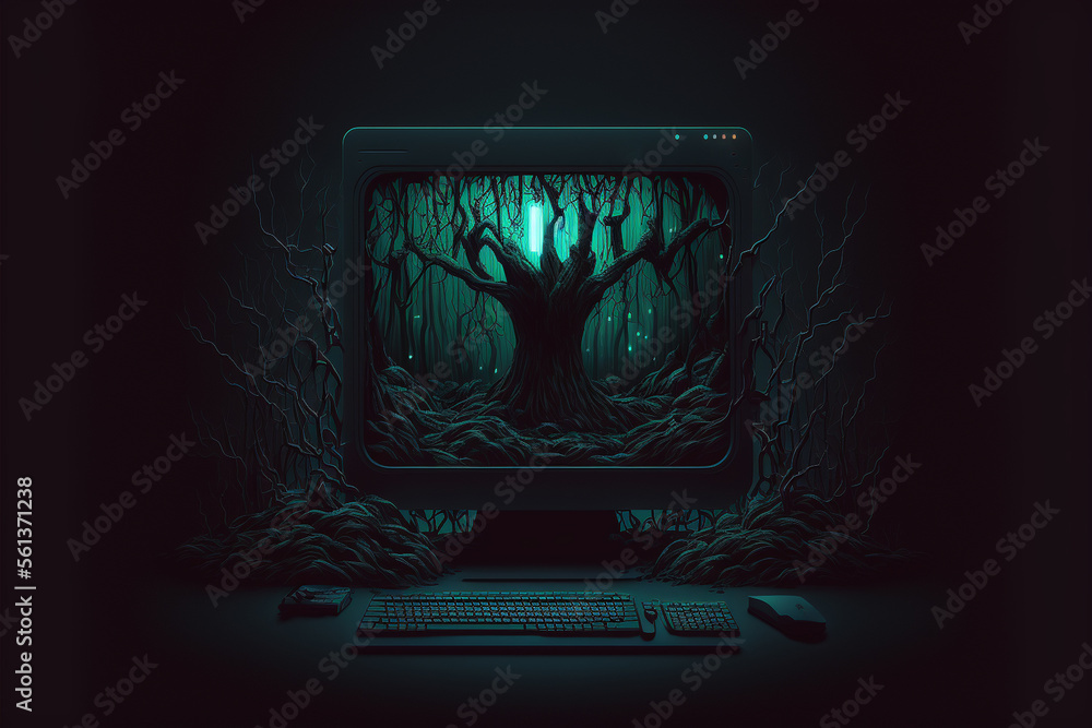 monitor with a gloomy tree, a dark web concept, created by a neural ...