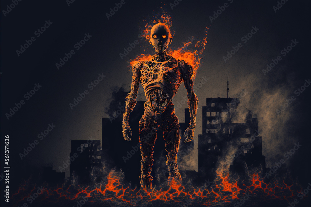 the figure of a man burning alive against the background of destroyed ...