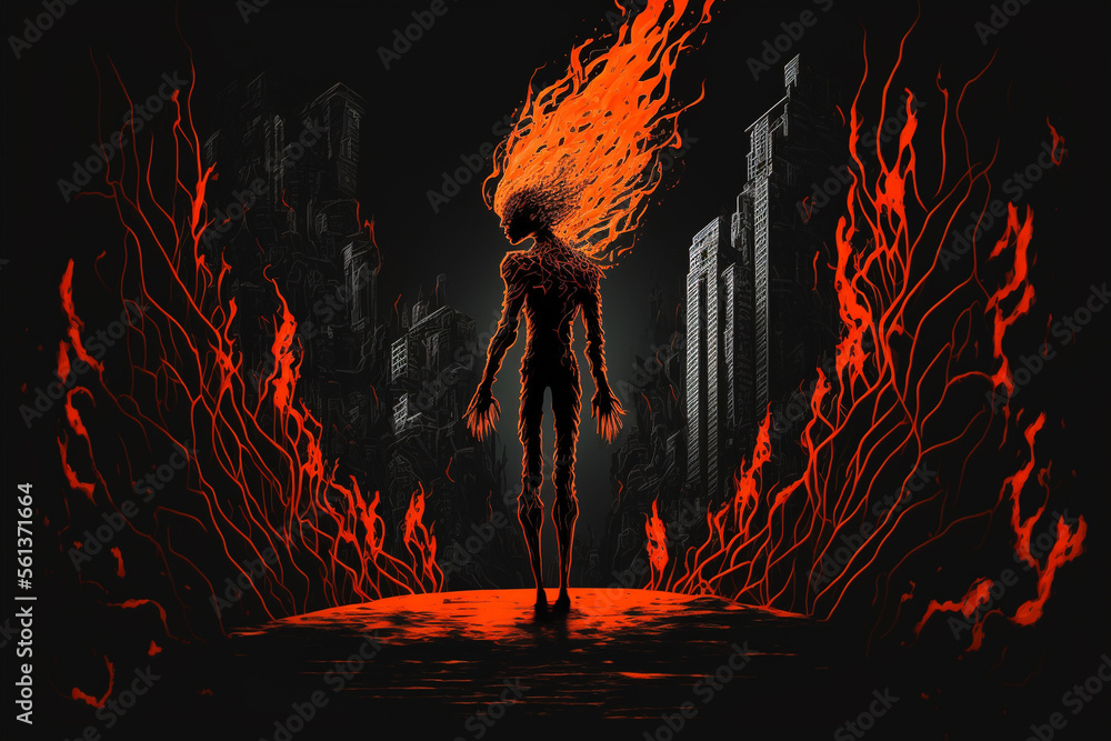 the figure of a man burning alive against the background of destroyed ...