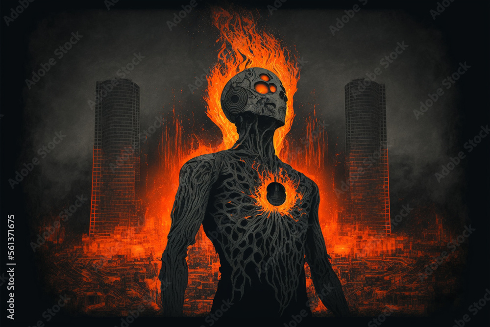 the figure of a man burning alive against the background of destroyed ...